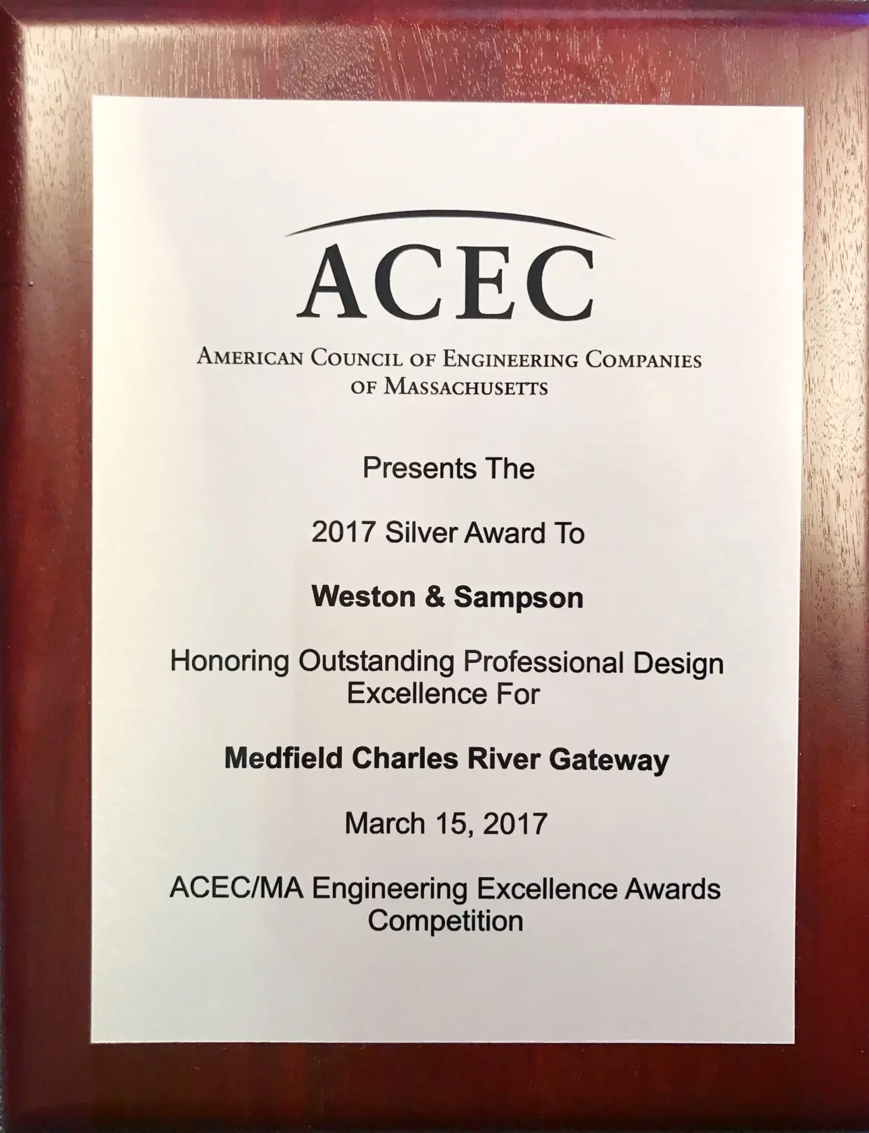 Weston & Sampson Receives ACEC/MA Engineering Excellence Award